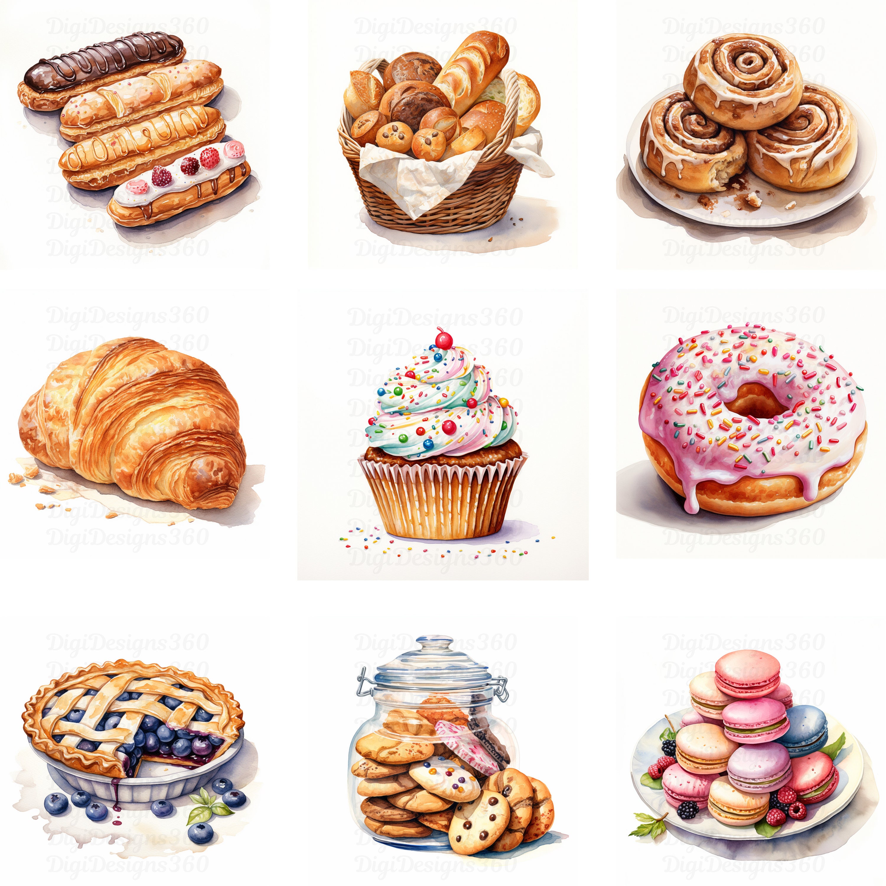 Charming Watercolor Bakery Clipart Sweet Treats Digital Graphics ...