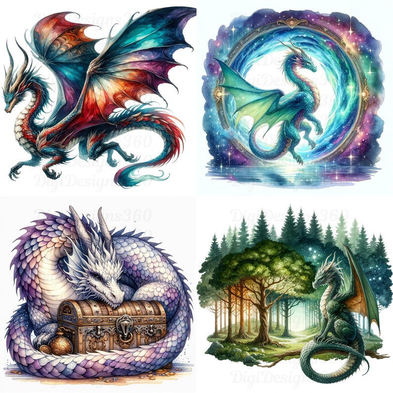 Watercolor Dragon Clipart: Fantasy Art, Scrapbooking (10 PNG) - Etsy