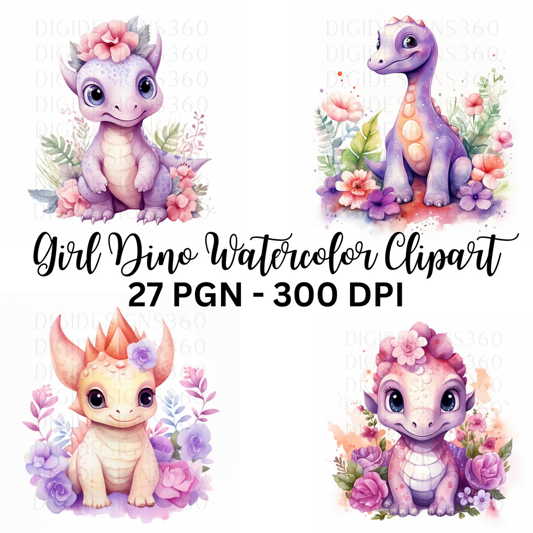 Girl Dino Watercolor Clipart Dinosaur Clipart Instant Download ...