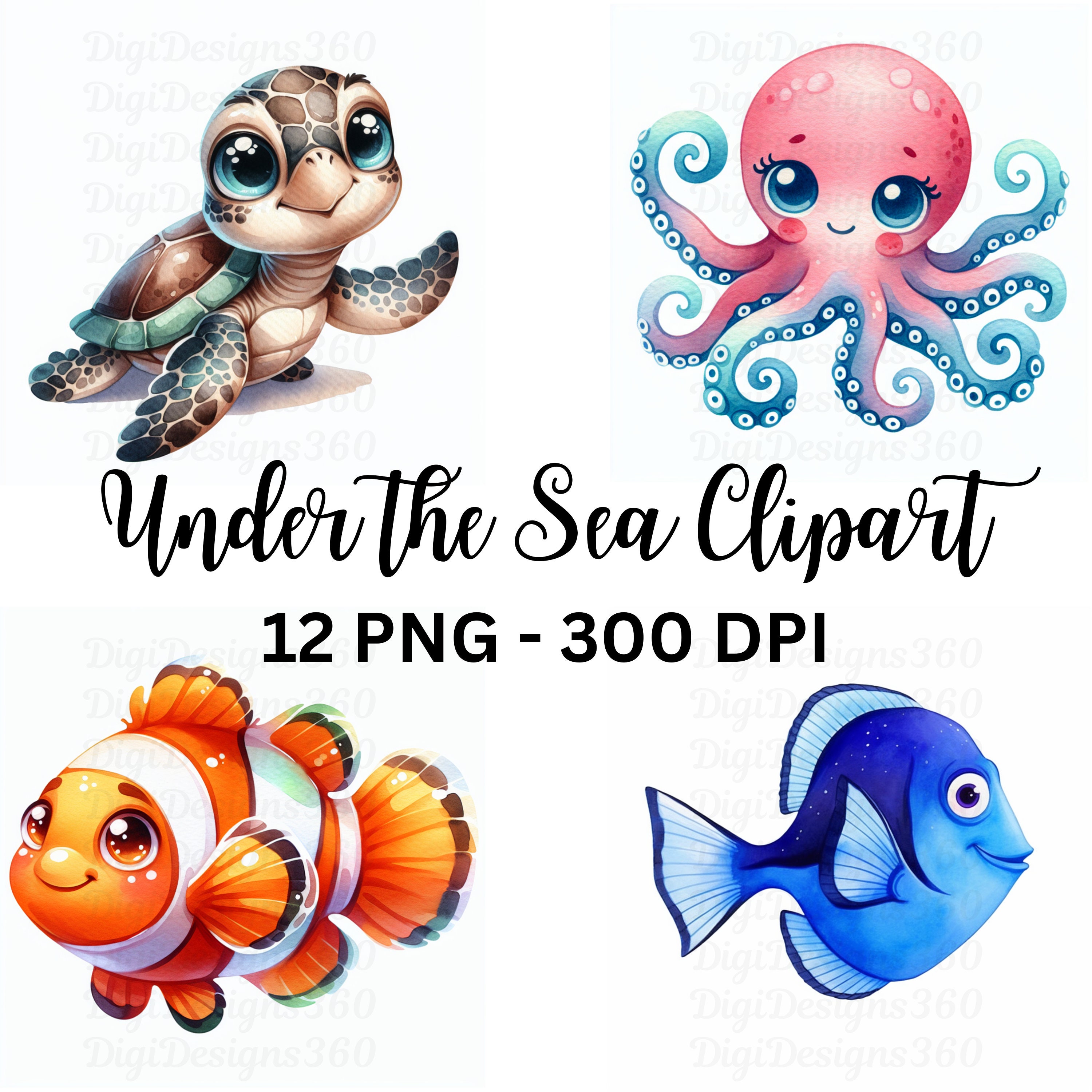 Watercolor Undersea Clipart Set – 12 PNG Marine Animal Graphics ...