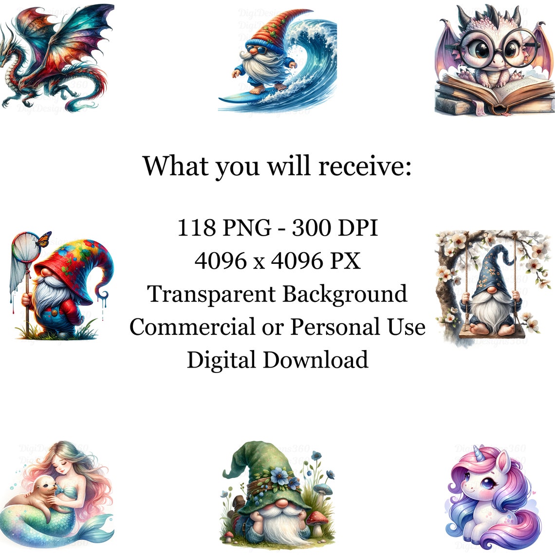 Watercolor Mythical Creatures Clipart Bundle: Dragons, Unicorns, Gnomes ...