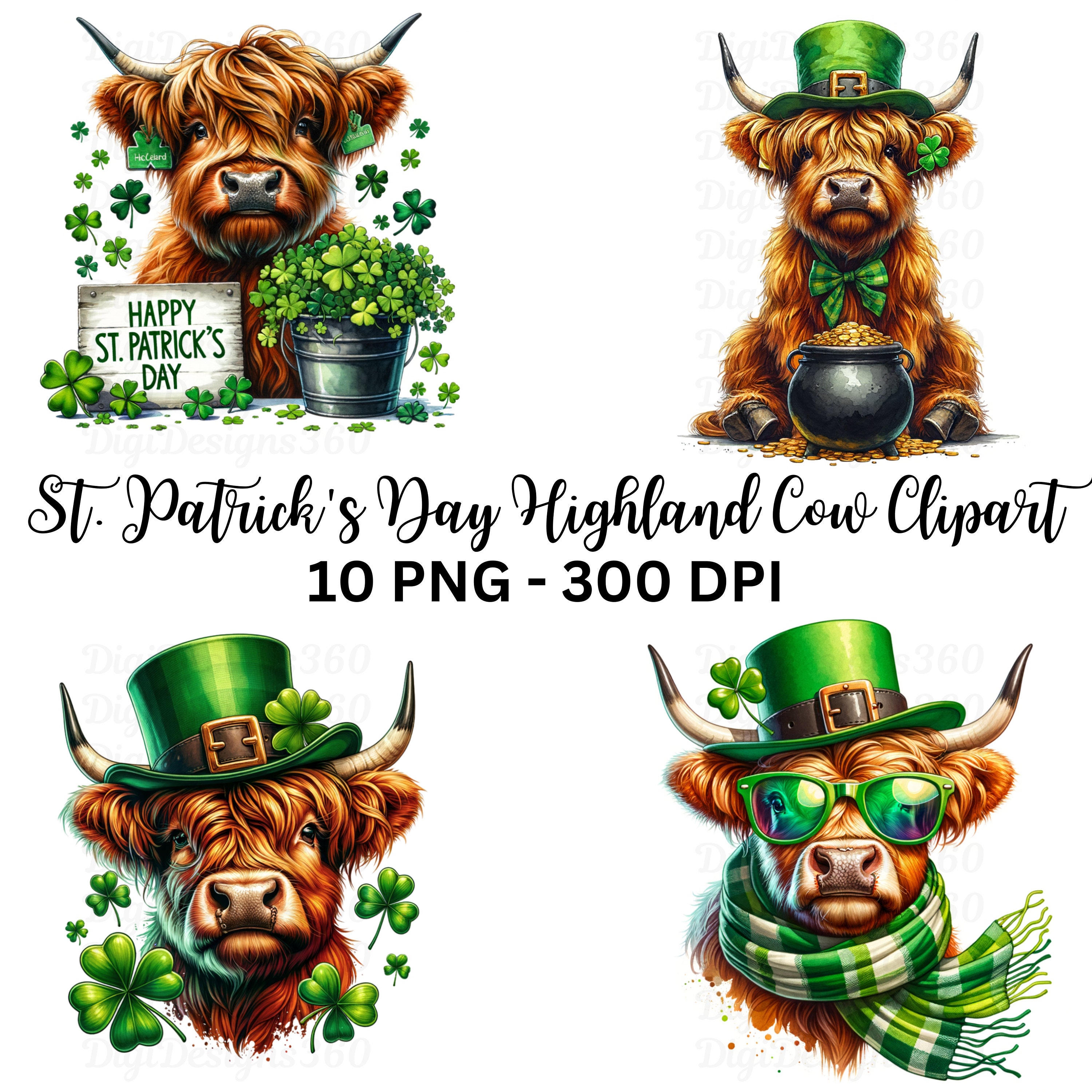 St Patricks Day Cows Clipart Watercolor Highland Cow Graphics, Irish ...