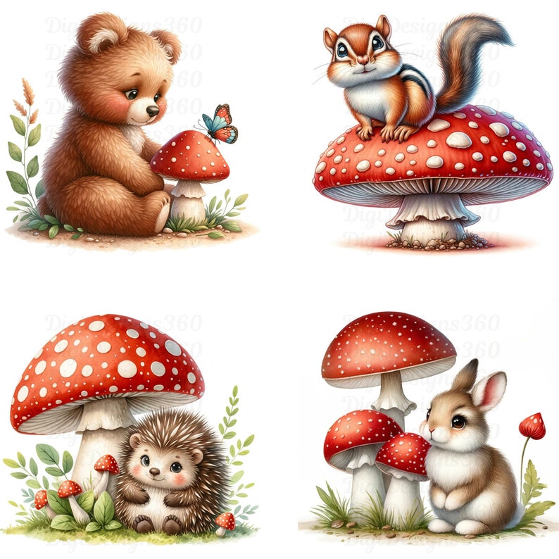 Mushroom Graphics and Woodland Creatures Clip Art, Watercolor Animals ...