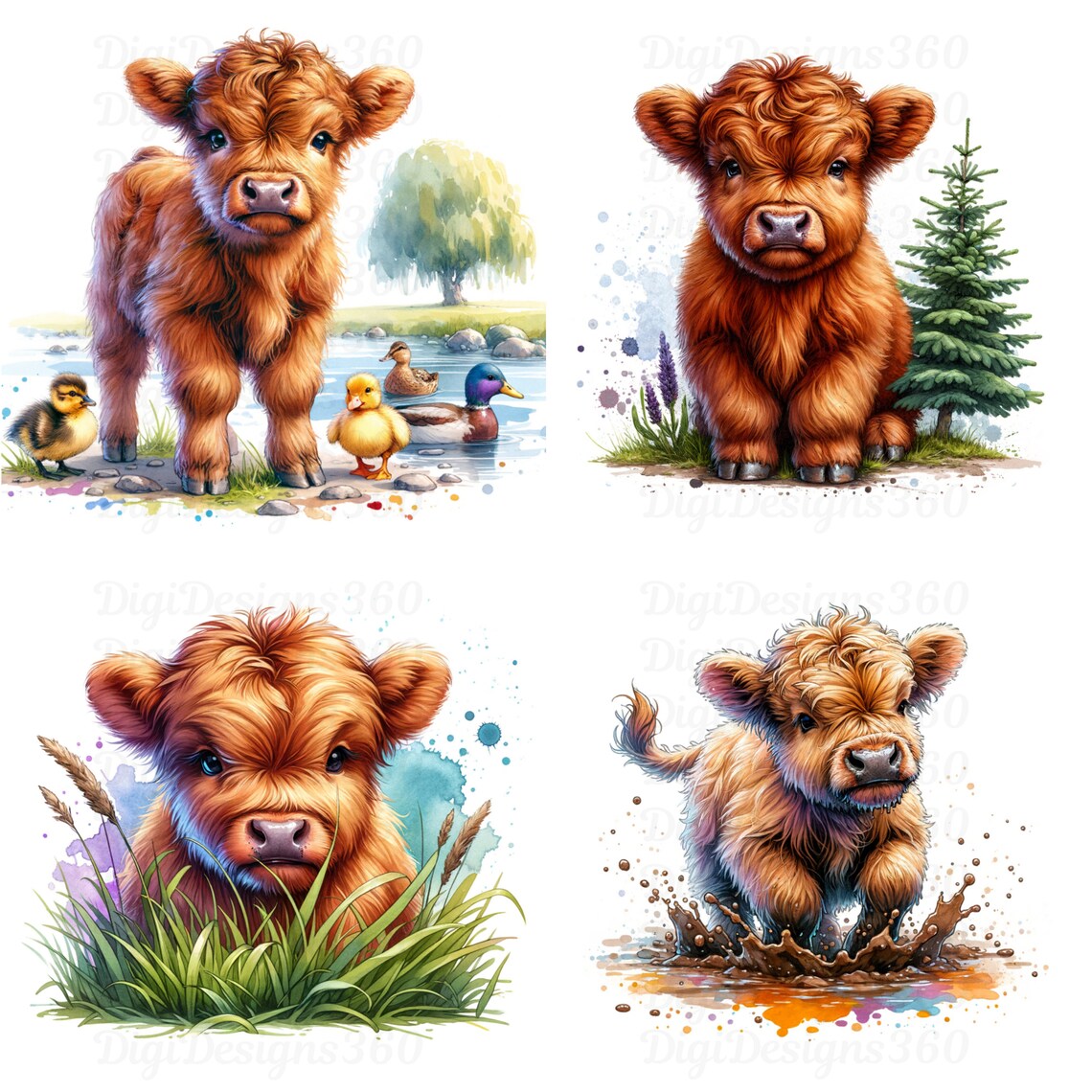 Highland Cattle Clipart Watercolor Baby Highland Cows, Digital Download ...