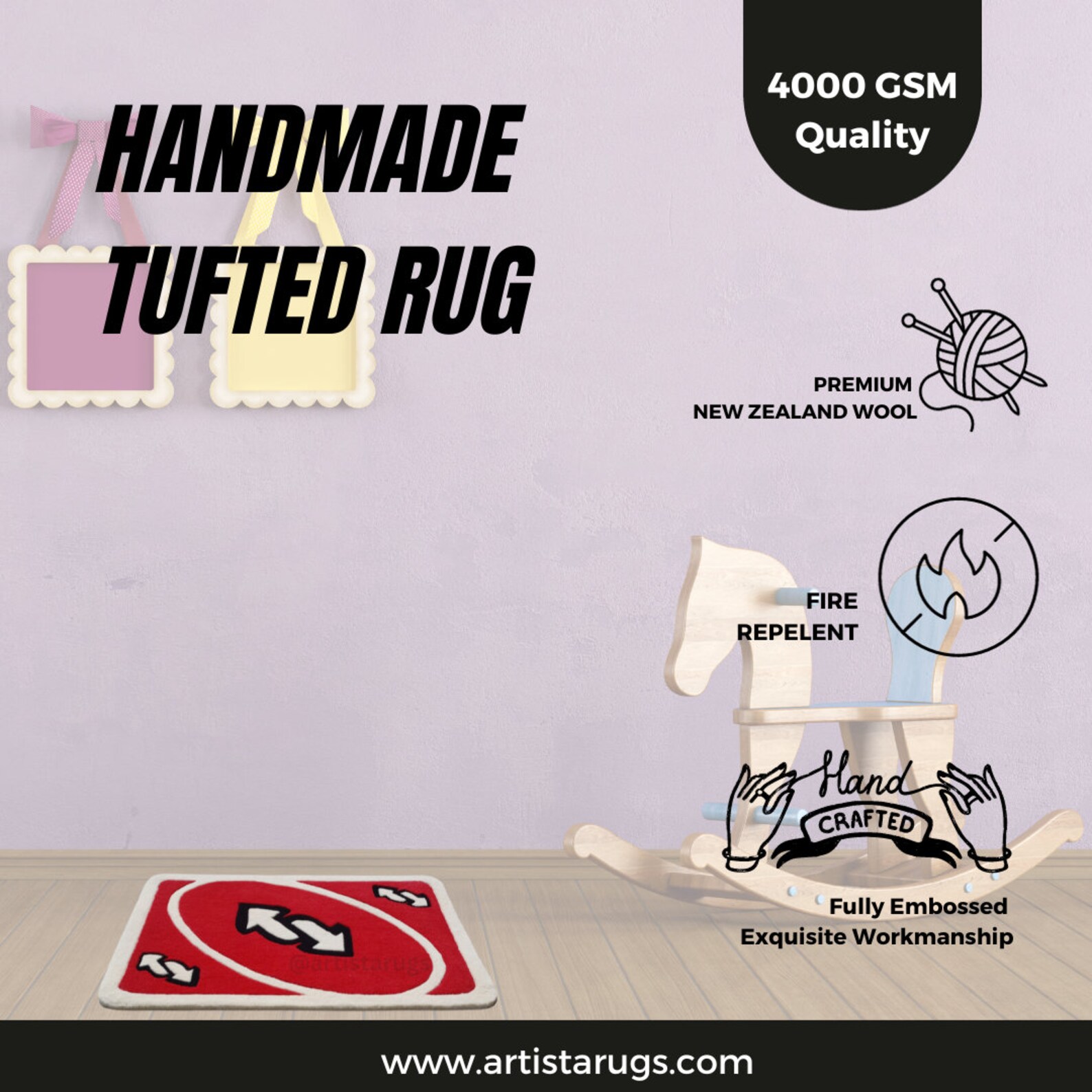 ARTISTA RUGS Uno Reverse Rug 100% New Zealand Wool, Soft, Durable, and ...