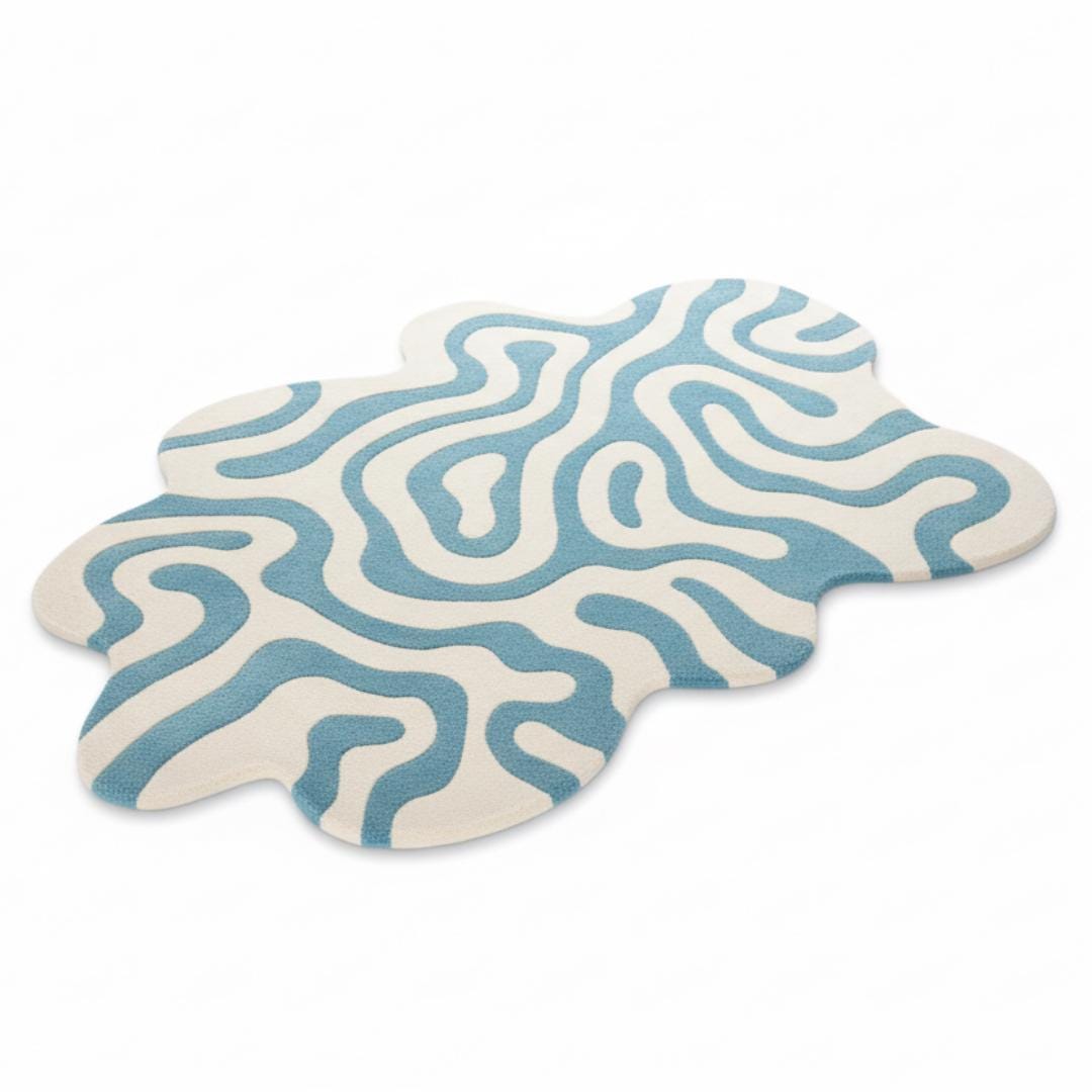 Sculptural Blue Flow Area Rug | Abstract White & Blue Curvy Lines ...