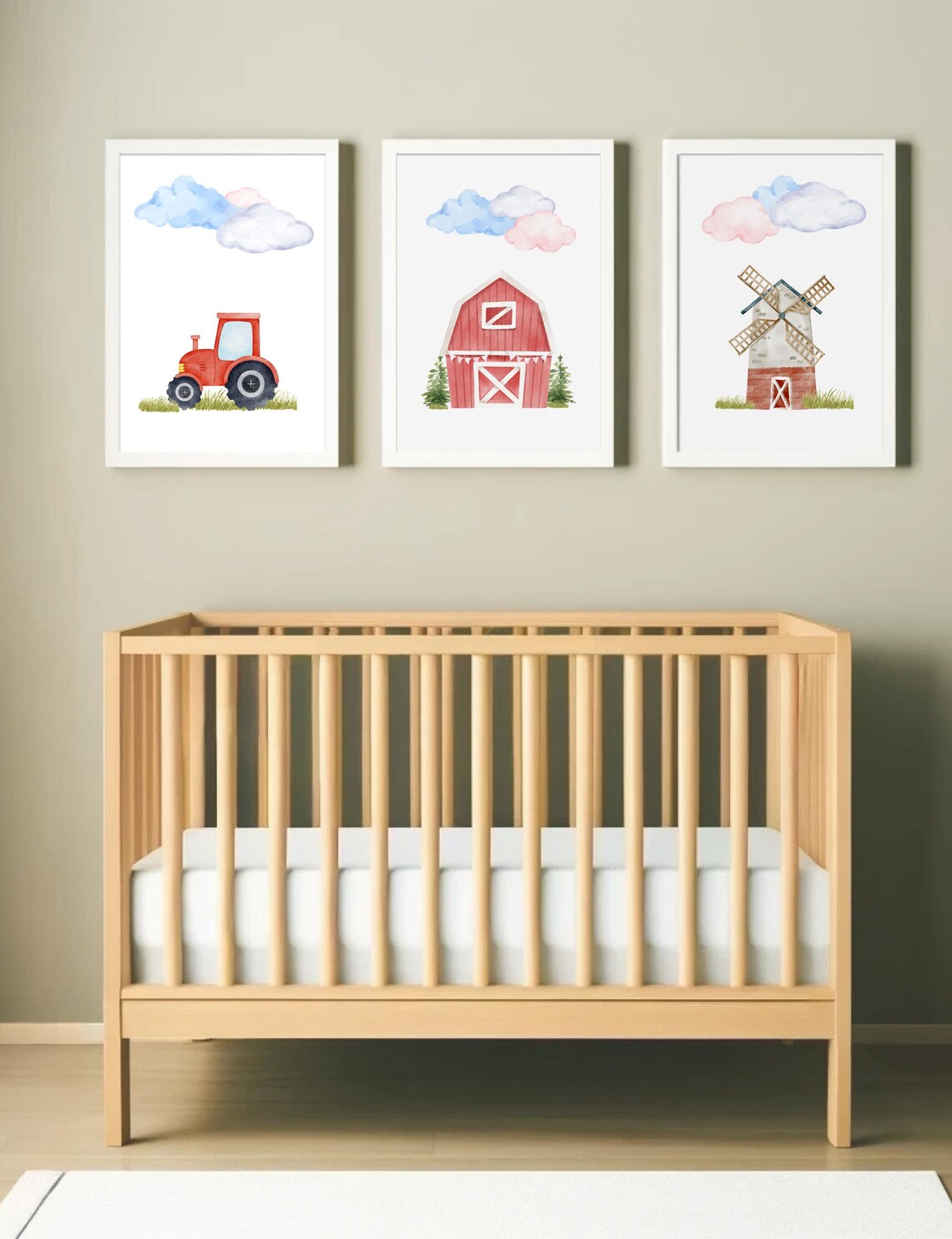 Farm Nursery Wall Art Set - Watercolor Tractor, Barn, Windmill Prints ...