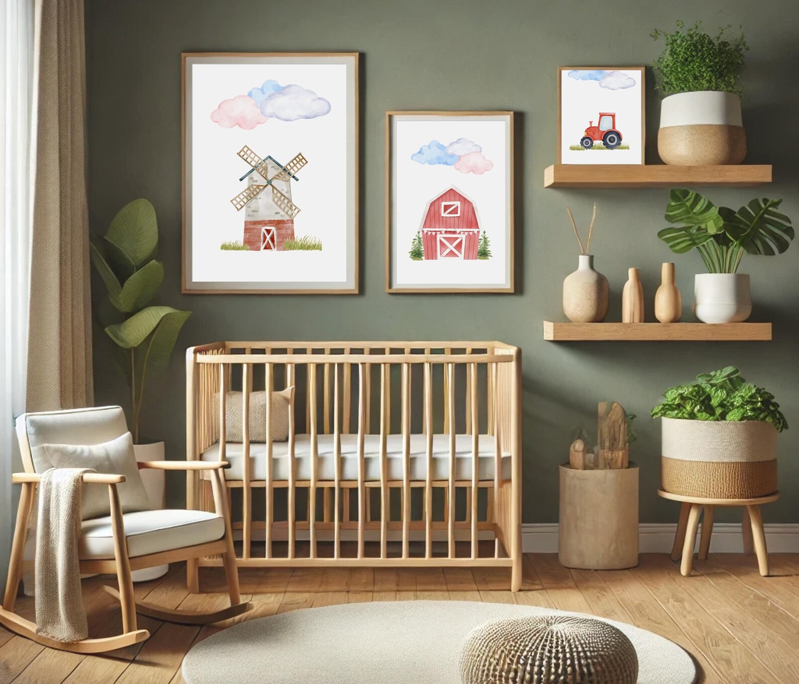 Farm Nursery Wall Art Set - Watercolor Tractor, Barn, Windmill Prints ...
