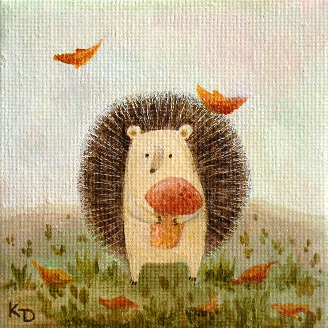 Fall Painting-original Painting on Canvas-autumn Hedgehog Painting-fall ...