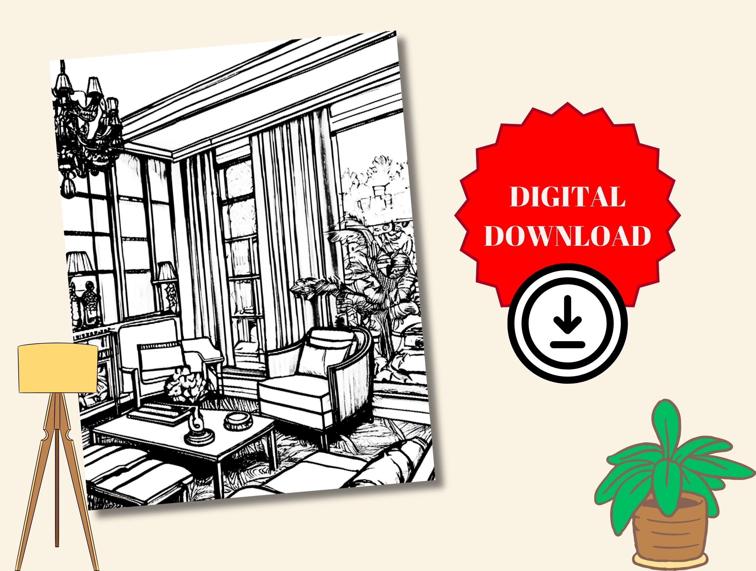 80 Interior House Digital Printable Coloring Pages Cozy Room Coloring ...