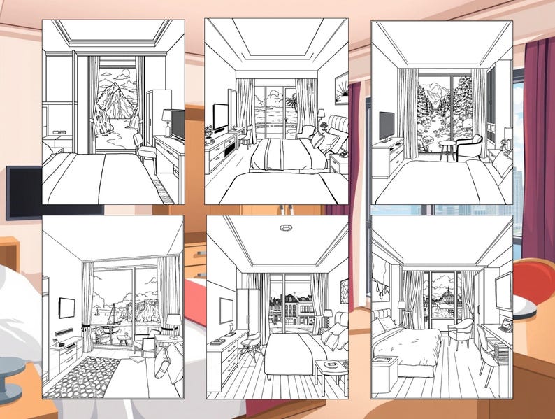 Hotel Room Coloring Pages: Summer Vacation Views (digital Printable) - Etsy