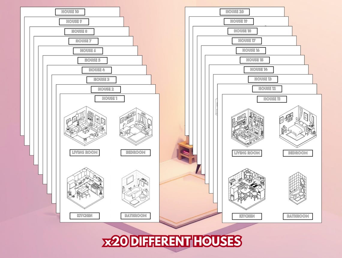 Pocket House Coloring Pages: Interior Rooms, 100 Sheets (digital ...