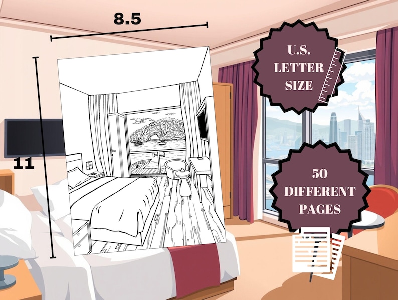 Hotel Room Coloring Pages: Summer Vacation Views (digital Printable) - Etsy
