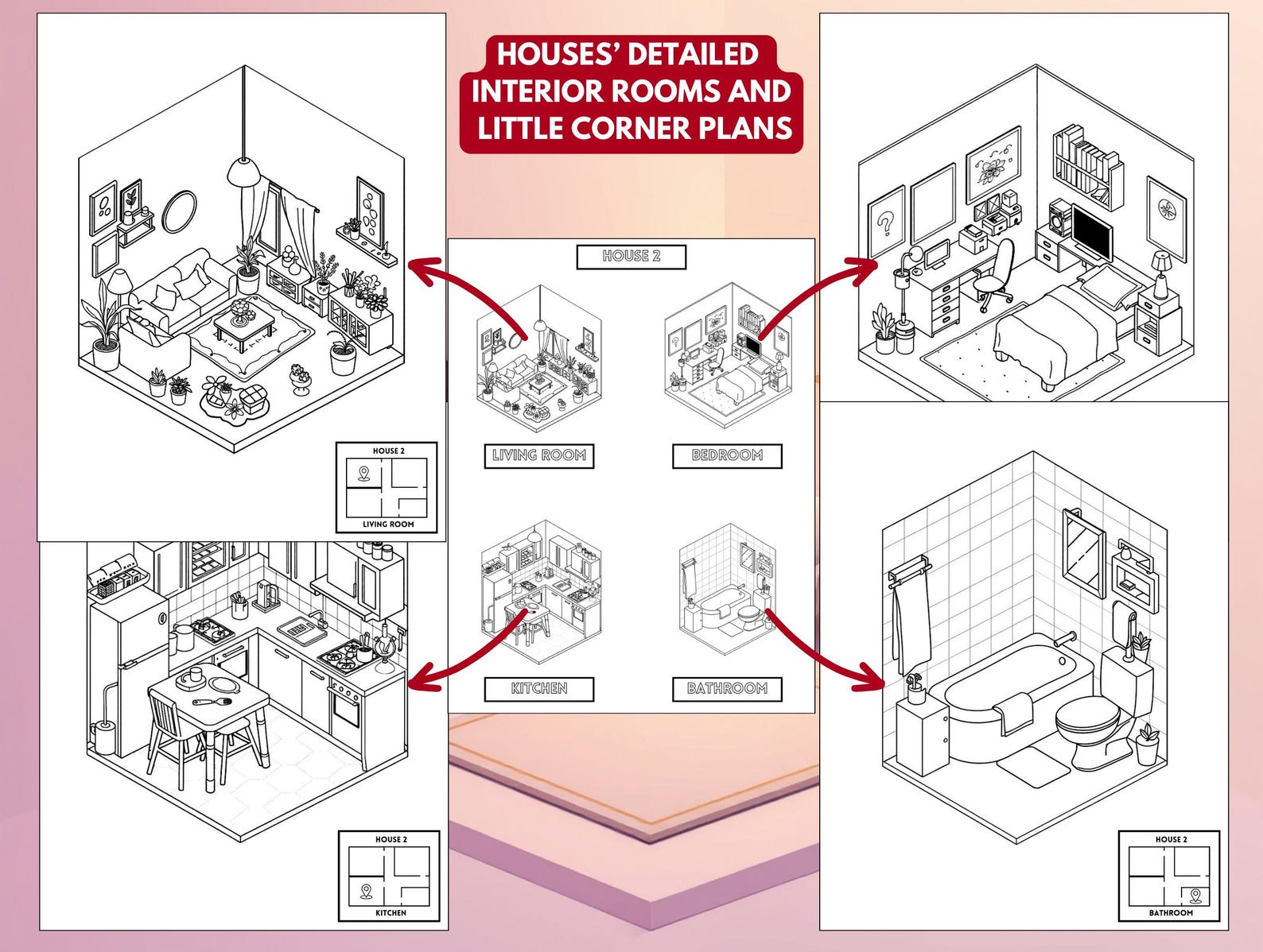 Pocket House Coloring Pages: Interior Rooms, 100 Sheets (digital ...