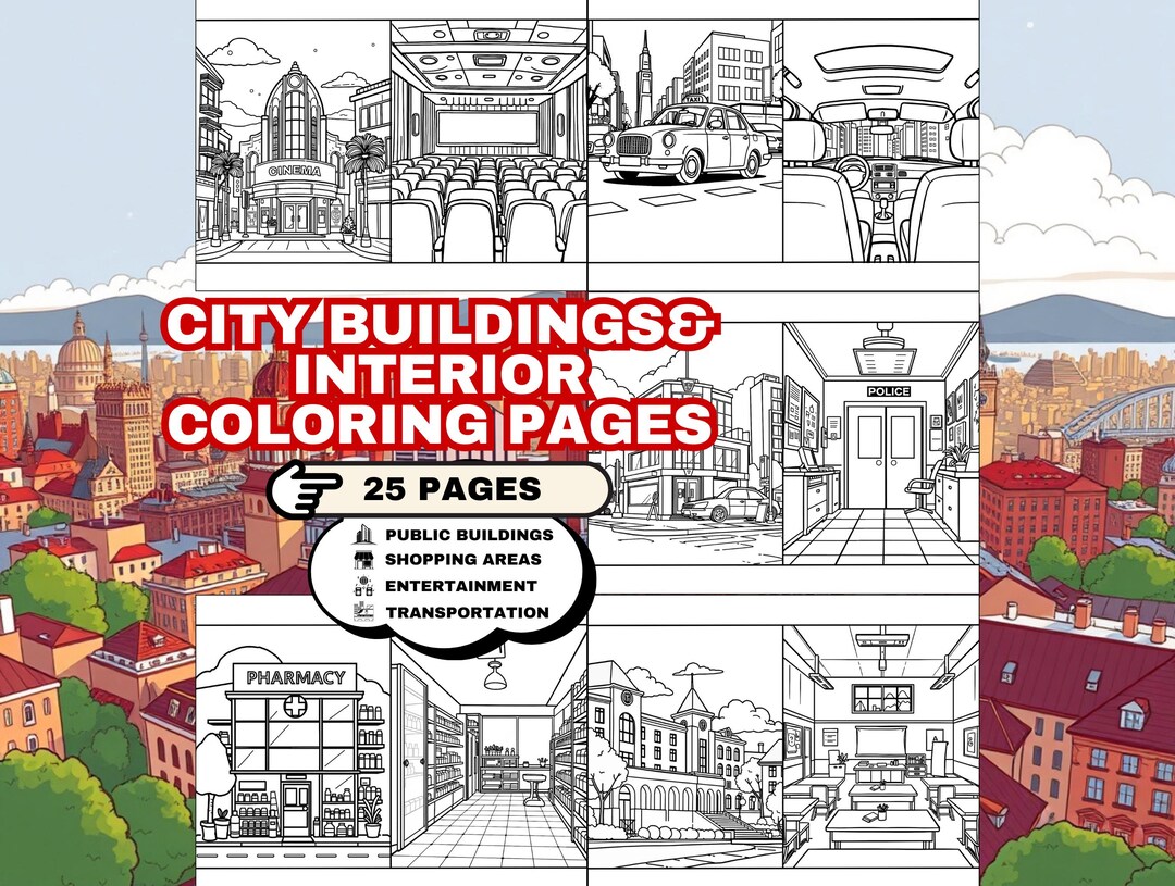 City Buildings & Transportation Coloring Pages: 25 Printable Sheets ...