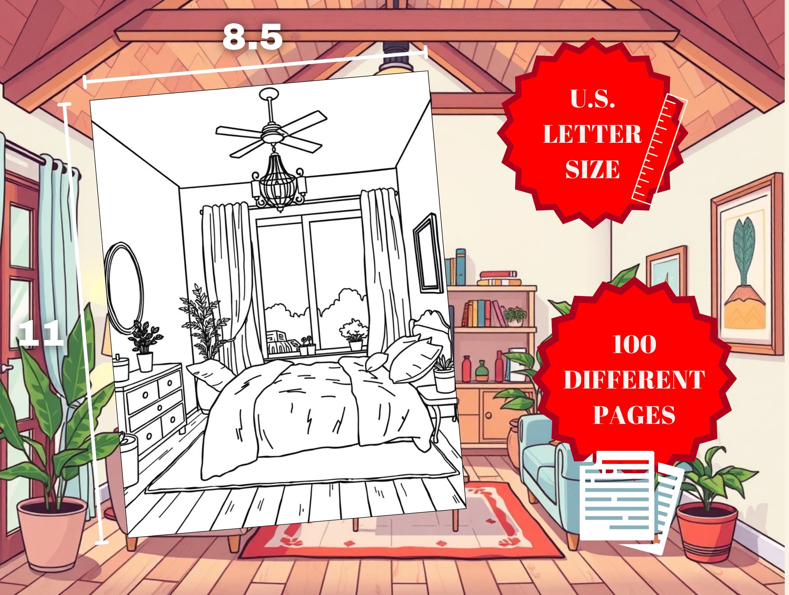Interior House Coloring Book: 100 Room Designs for Relaxation (digital ...