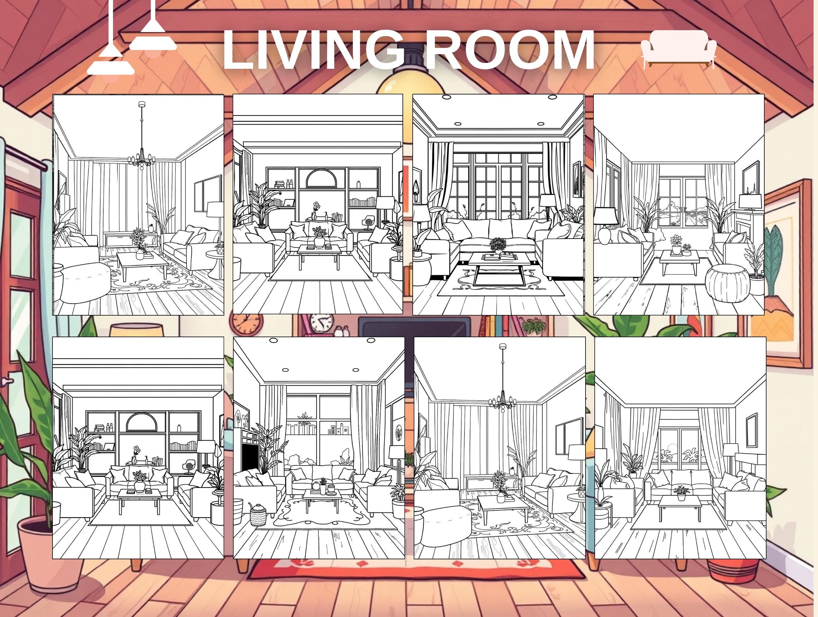 Interior House Coloring Book: 100 Room Designs for Relaxation (digital ...