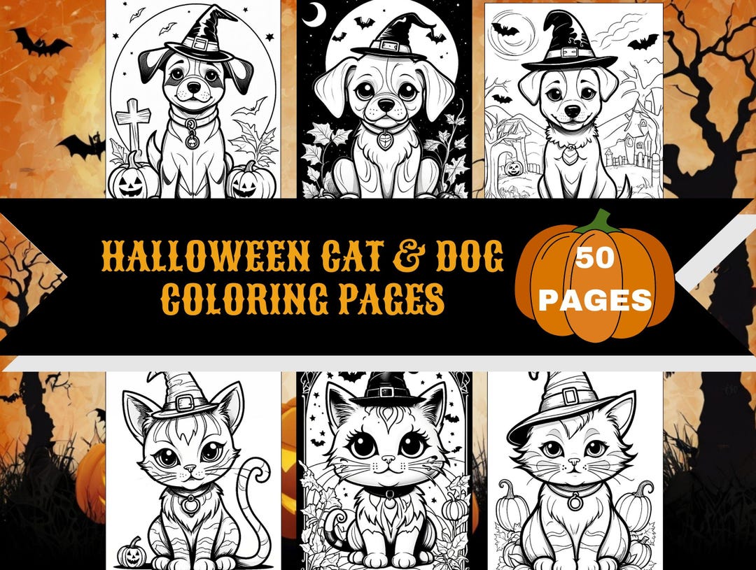 50 Cute Halloween Cat & Dog Coloring Pages Printable,halloween Coloring ...