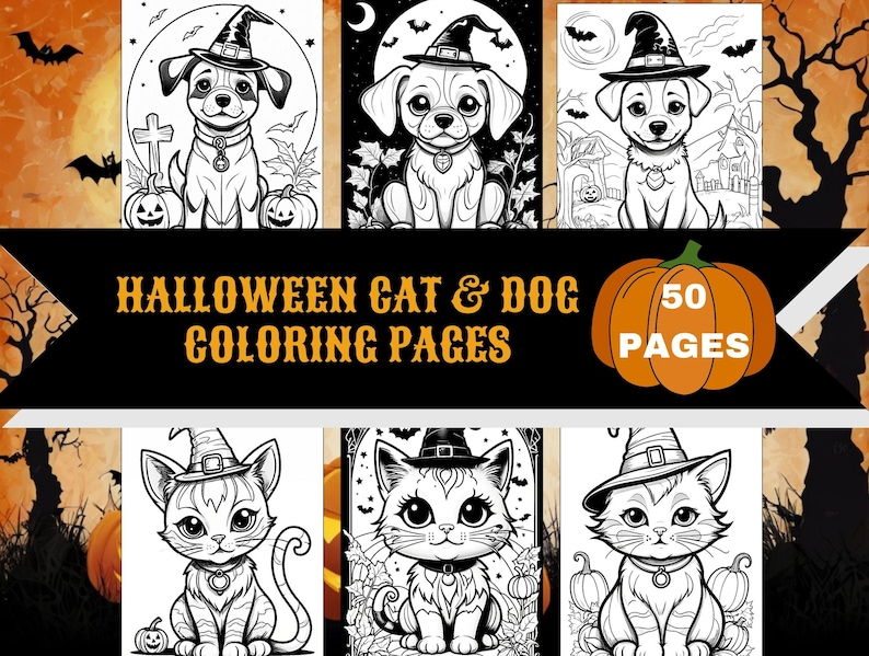 50 Cute Halloween Cat & Dog Coloring Pages Printable,halloween Coloring ...