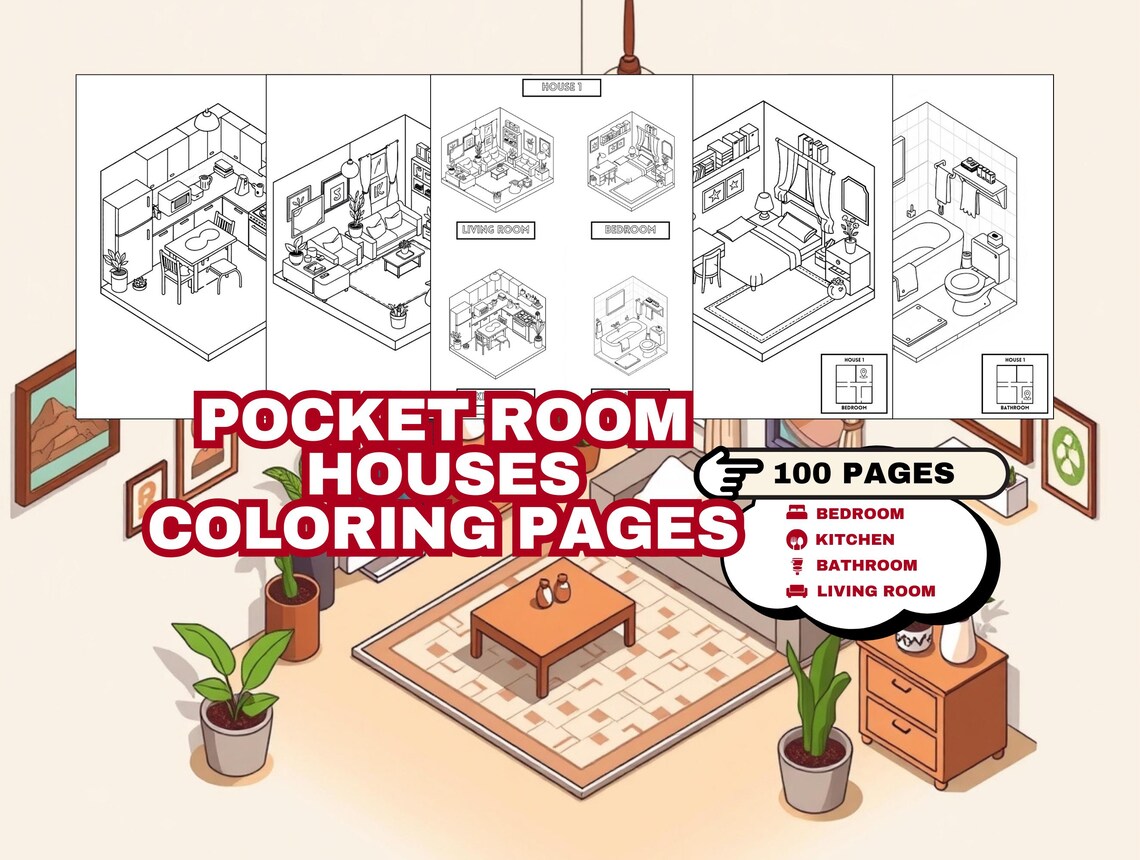 Pocket House Coloring Pages: Interior Rooms, 100 Sheets (digital ...