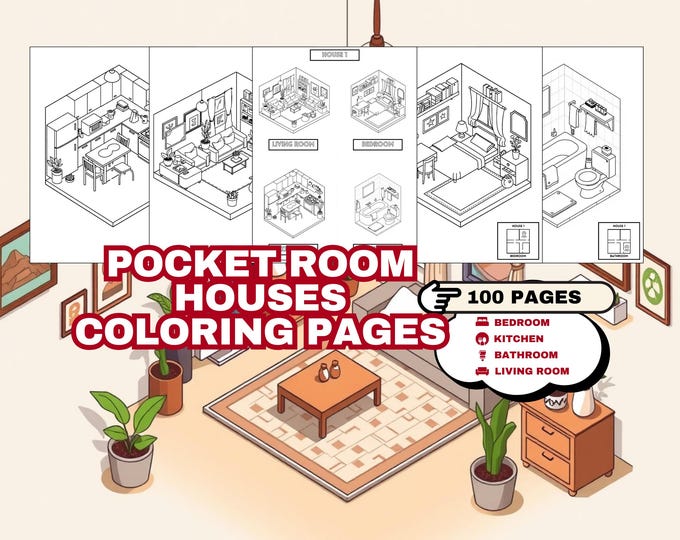 Pocket House Coloring Pages: Interior Rooms, 100 Sheets (digital ...