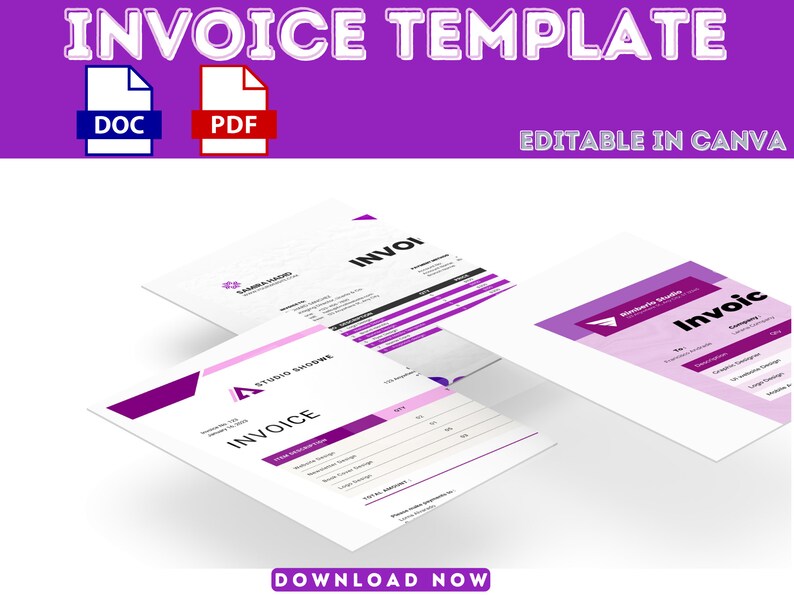 Minimal Commercial Invoice, Purple Invoice, Digital Invoice Template ...