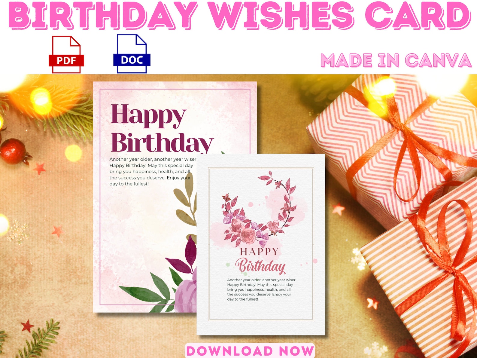 Happy Birthday, Whimsical Design, Pink Theme, Celebration Card, PDF ...