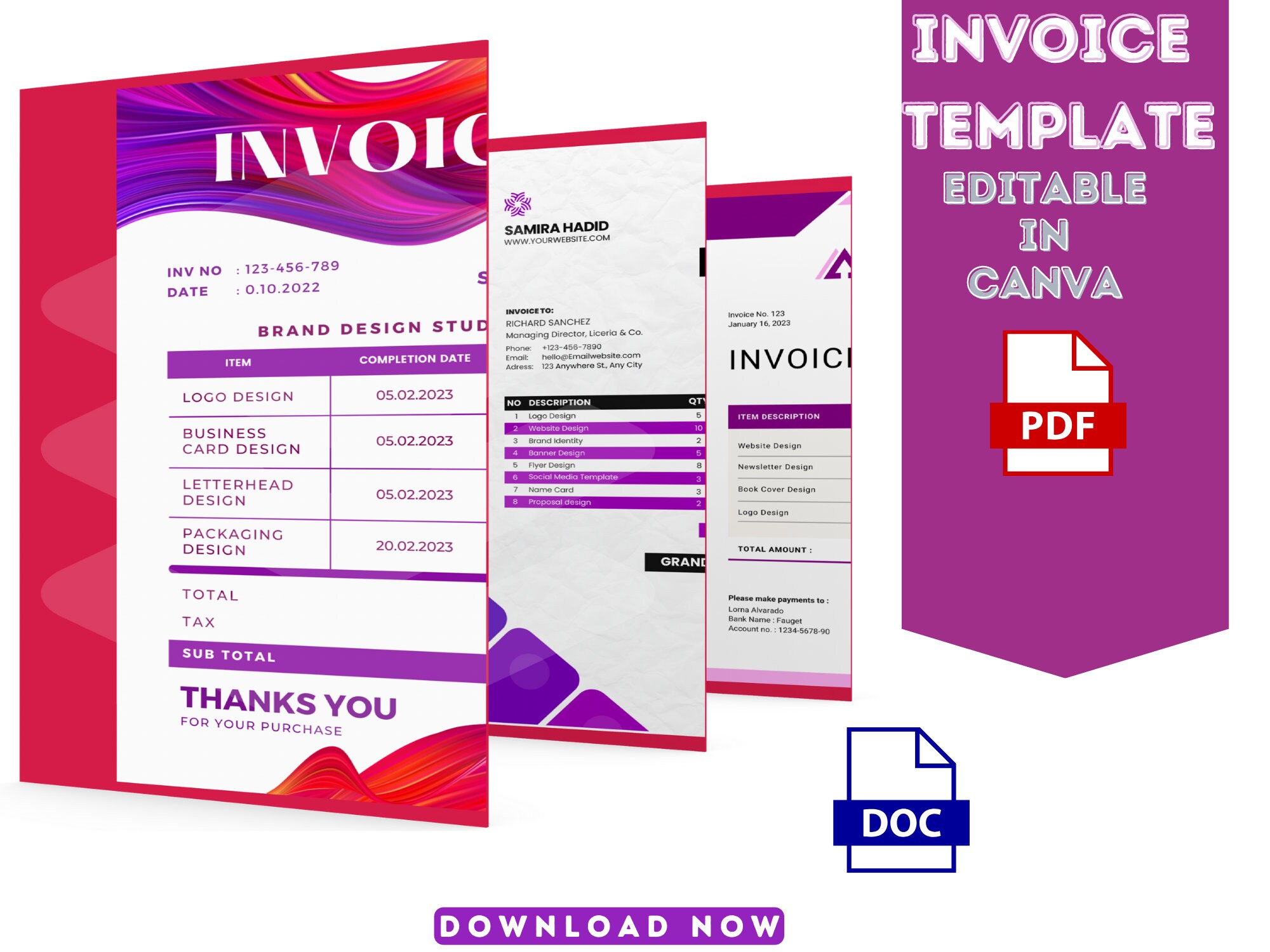 Minimal Commercial Invoice, Purple Invoice, Digital Invoice Template ...