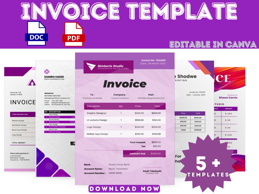 Minimal Commercial Invoice, Purple Invoice, Digital Invoice Template ...