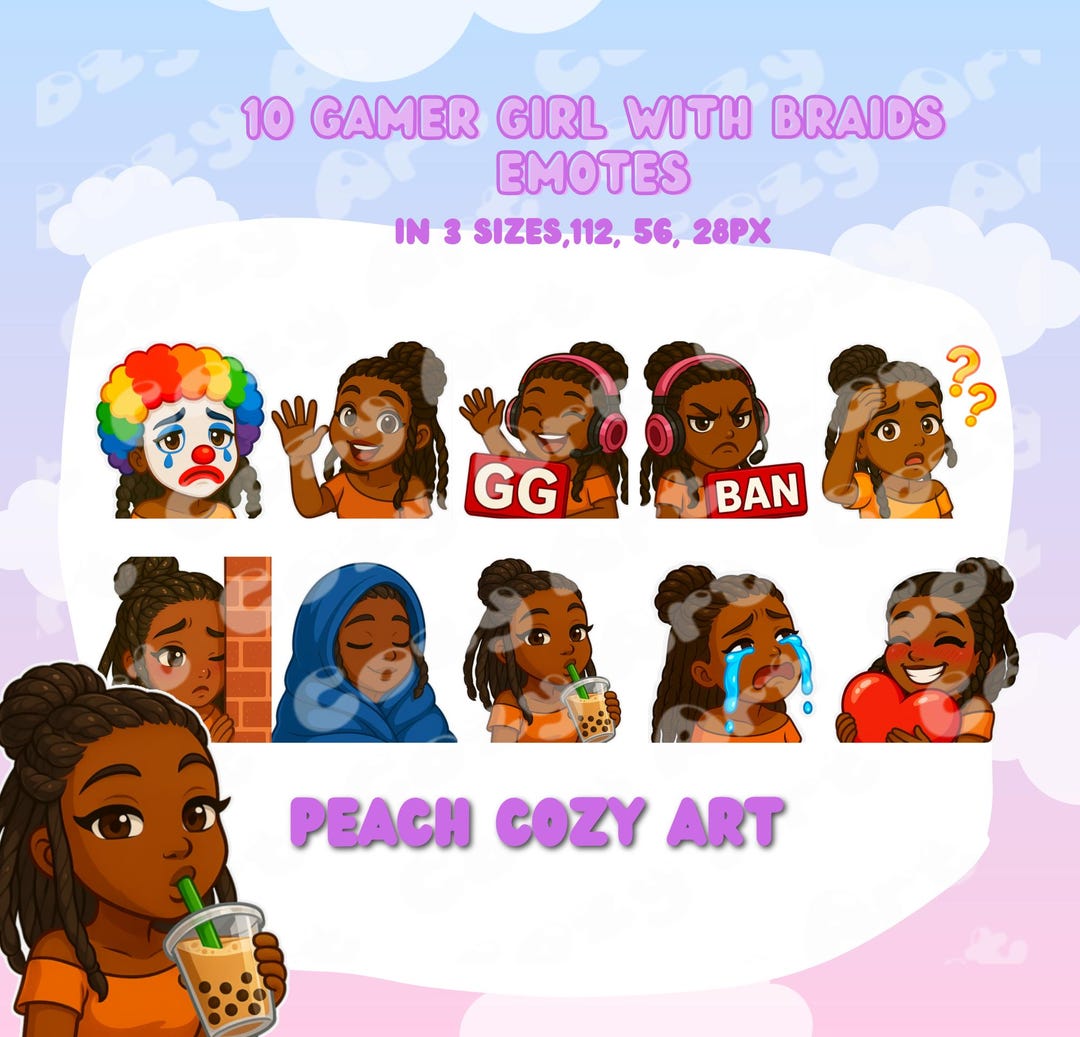 10 Gamer Girl With Braids Emotes | Twitch Emotes | Chibi Emotes ...