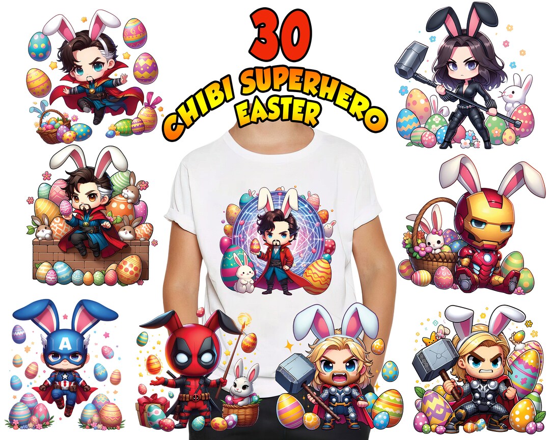 Chibi Superhero Easter Cartoon Png Bundle, Cartoon Easter Png, Happy ...