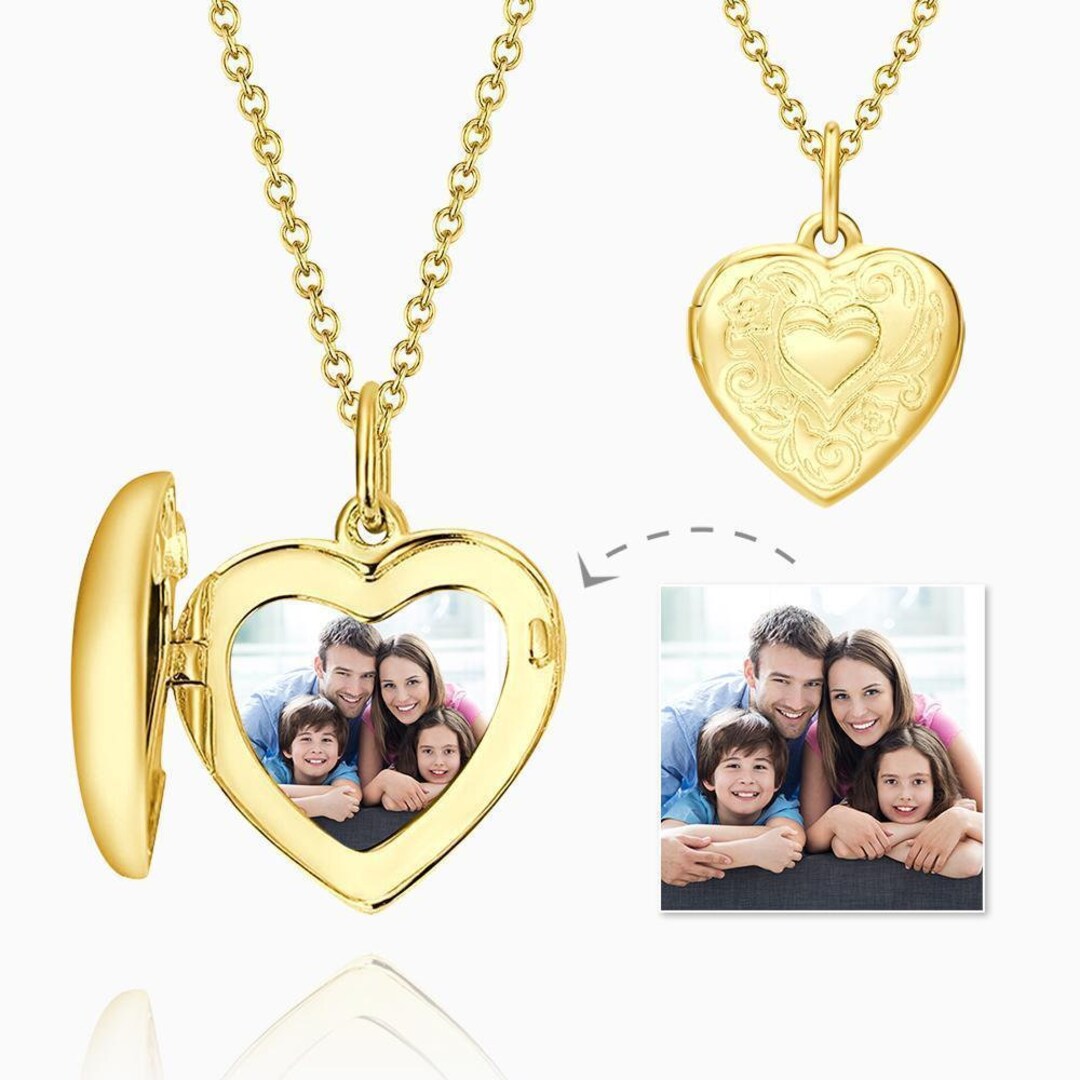 Embossed Printing Heart Photo Locket Necklace With Engraving 14k Gold ...