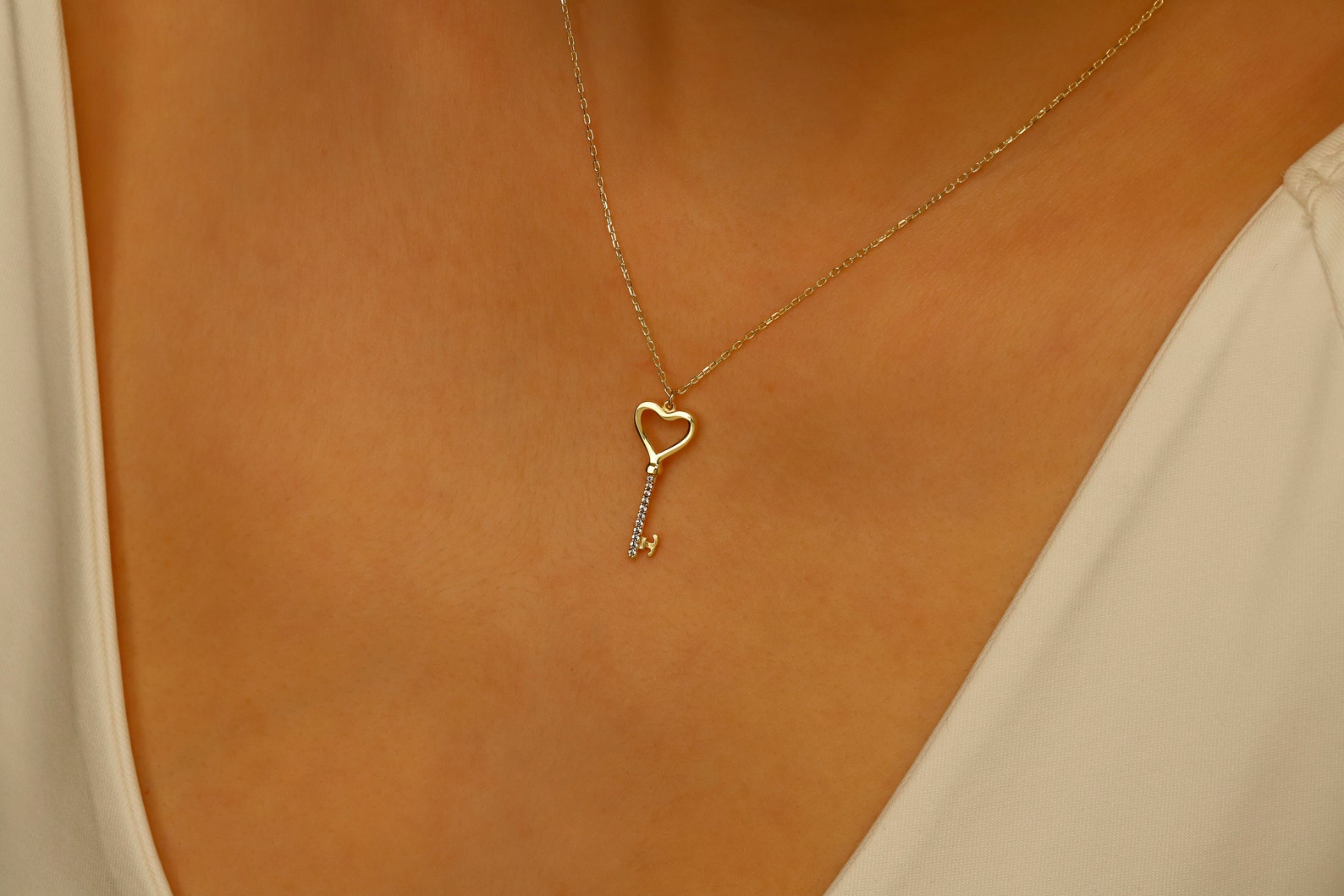 14k Real Gold Diamond Heart Key Pendant Necklace,solid Gold Key,pave ...