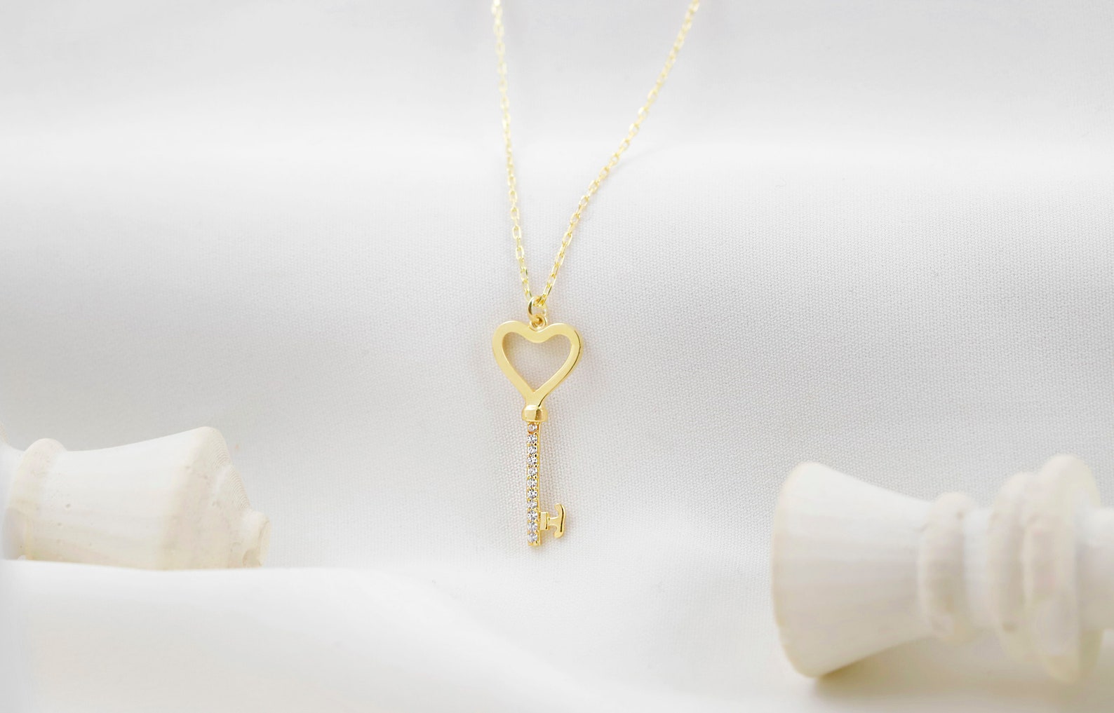 14k Real Gold Diamond Heart Key Pendant Necklace,solid Gold Key,pave ...