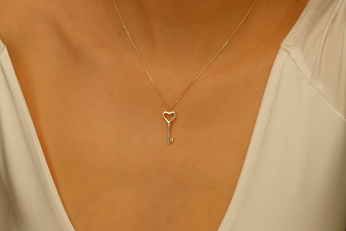 14k Real Gold Diamond Heart Key Pendant Necklace,solid Gold Key,pave ...