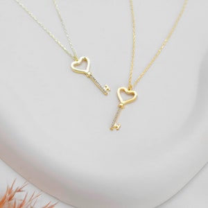 14k Real Gold Diamond Heart Key Pendant Necklace,solid Gold Key,pave ...