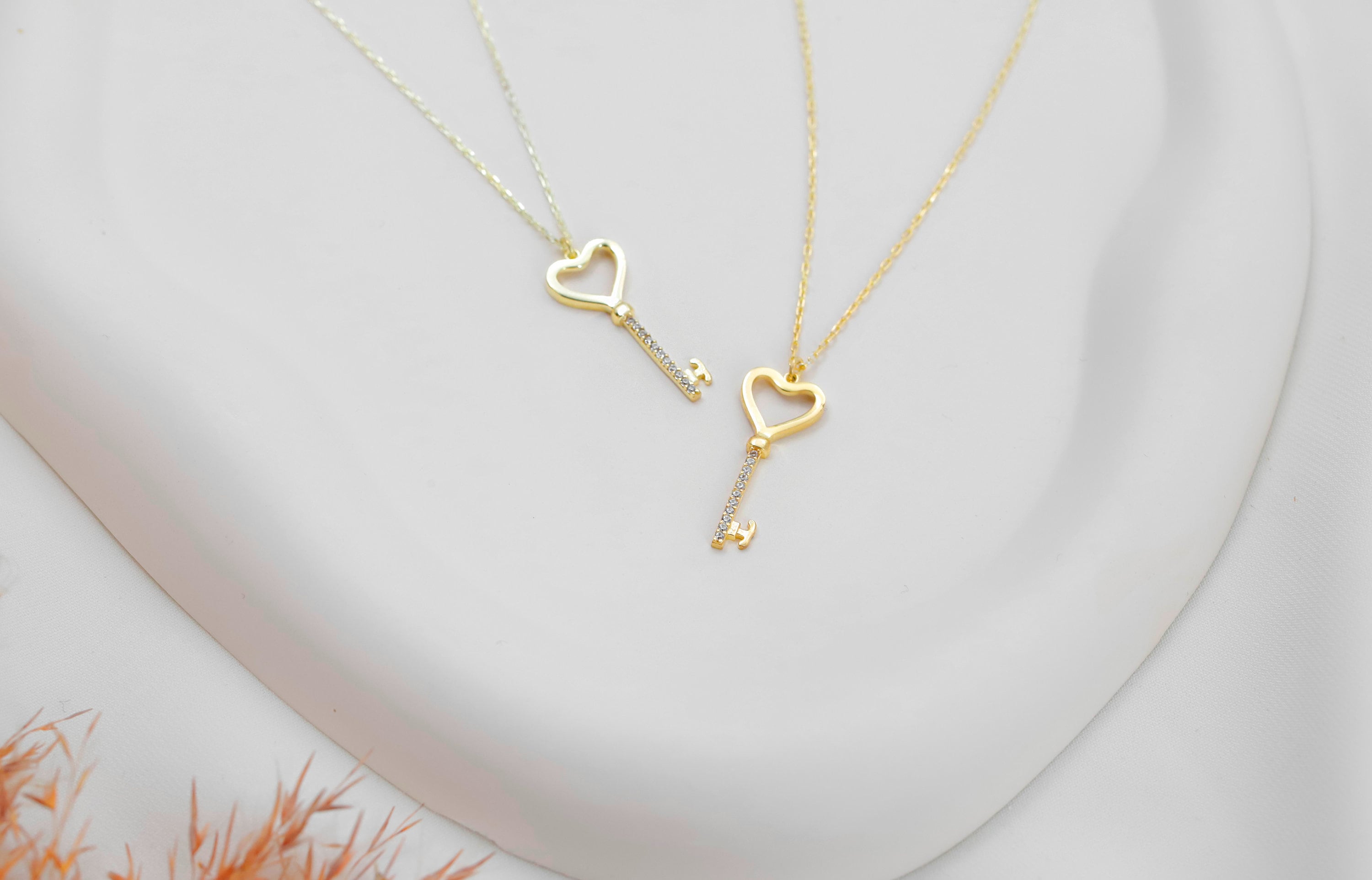 14k Real Gold Diamond Heart Key Pendant Necklace,solid Gold Key,pave ...