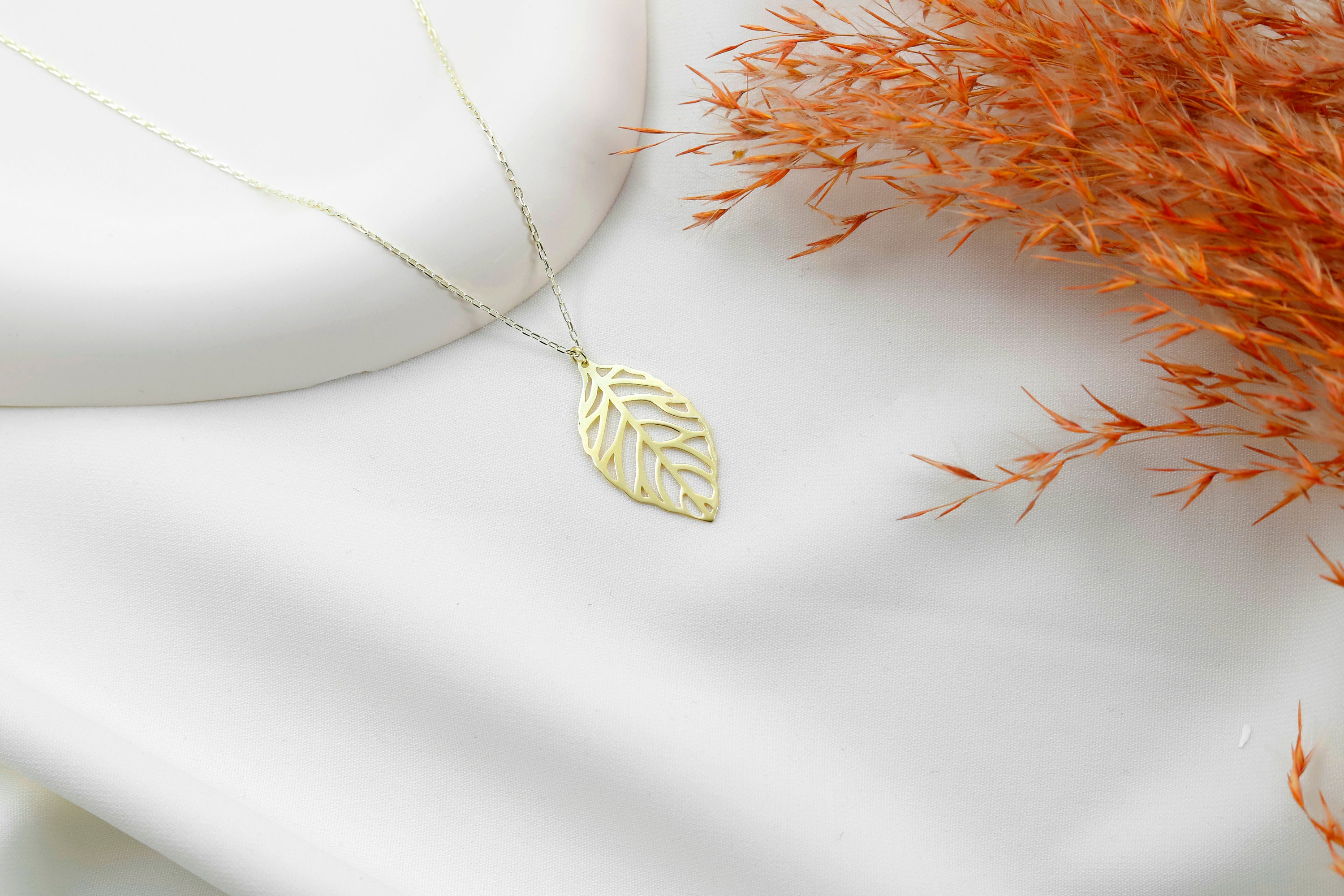 14k real Solid Gold Leaf Necklace,necklaces for Women,floral Pendant ...