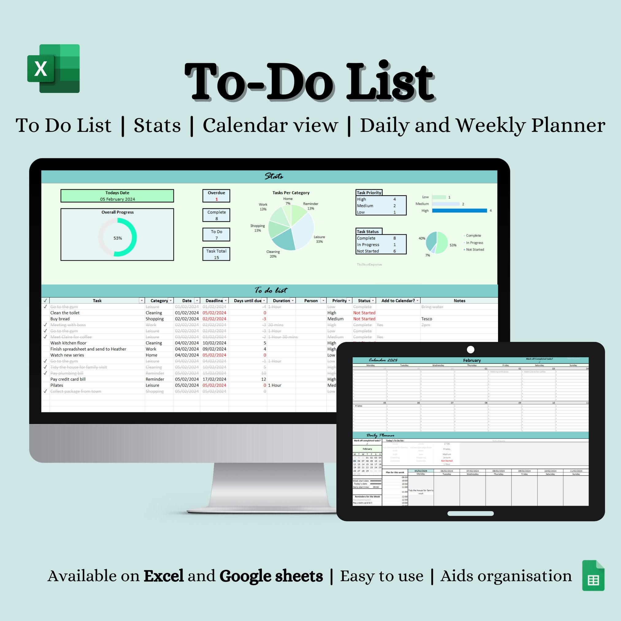 To Do List Excel Template, Digital Daily and Weekly Schedule/planner ...