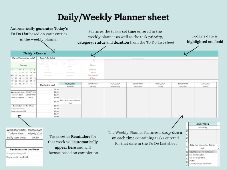 To Do List Excel Template, Digital Daily and Weekly Schedule/planner ...