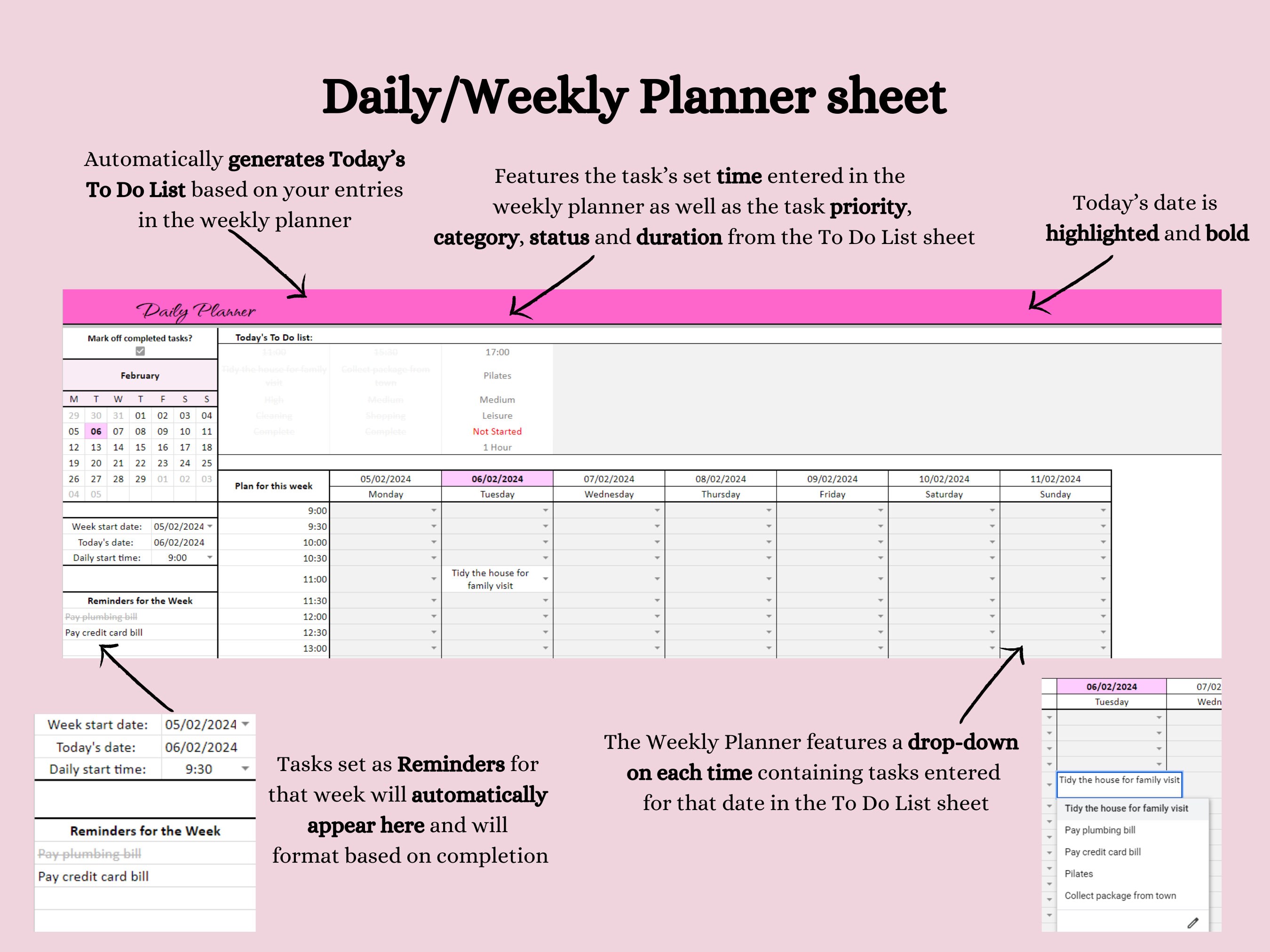 To Do List Google Sheets Template, Digital Daily Weekly Schedule ...