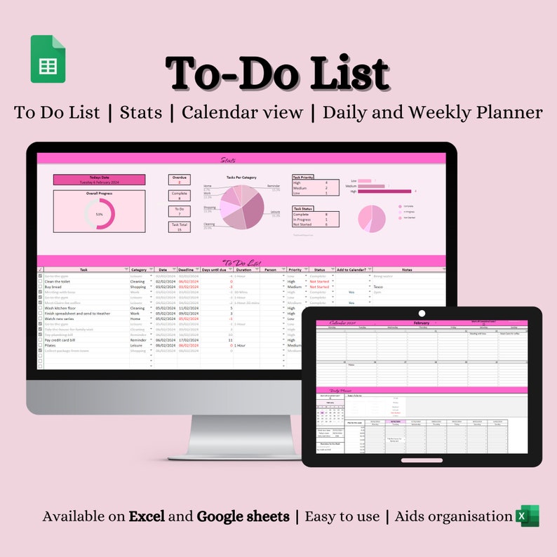 To Do List Google Sheets Template, Digital Daily Weekly Schedule ...