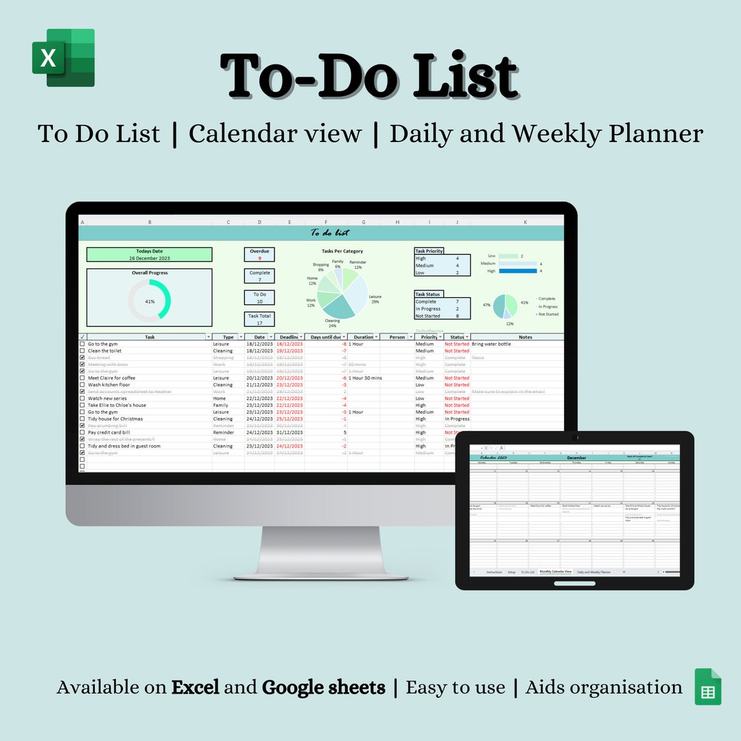 To Do List Excel Template, Digital Daily and Weekly Schedule/planner ...