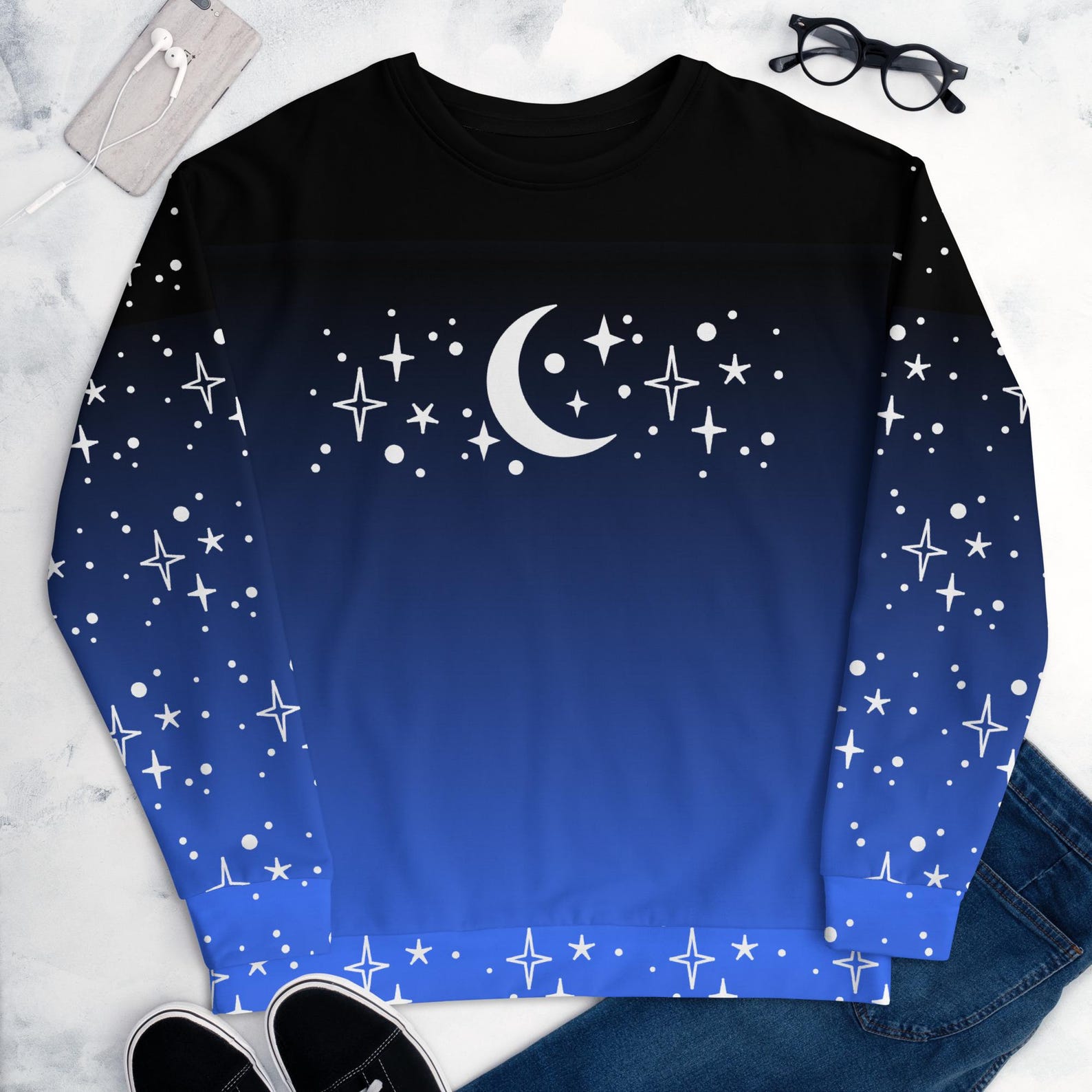 Starry Night Sweatshirt: Moon and Stars, Blue Ombre, Eco-friendly ...