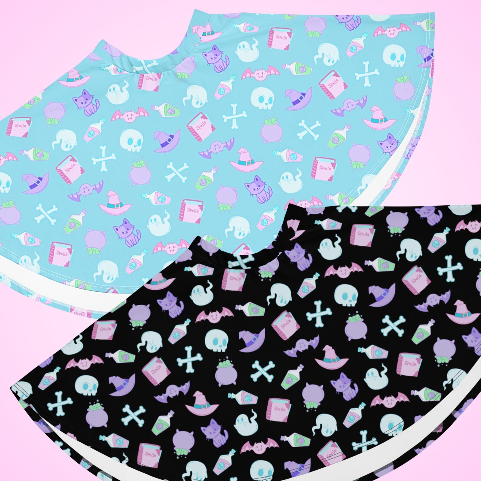 Kawaii Witch Skater Skirt, Pastel Goth, Black or Blue Color, Sizes XS ...