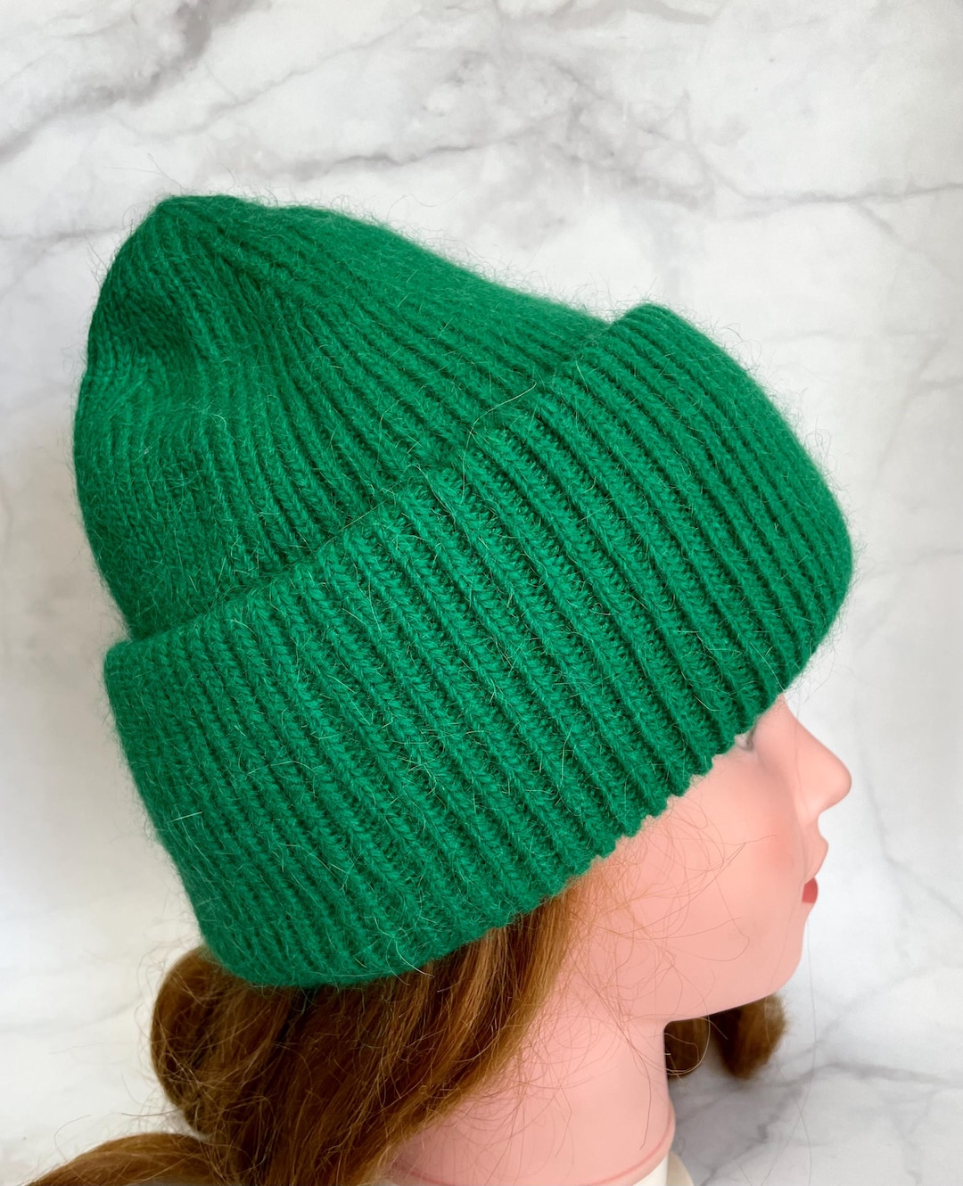 Emerald Green Rabbit Wool Hat, Knit Winter Beanie, Warm Beret, Winter ...