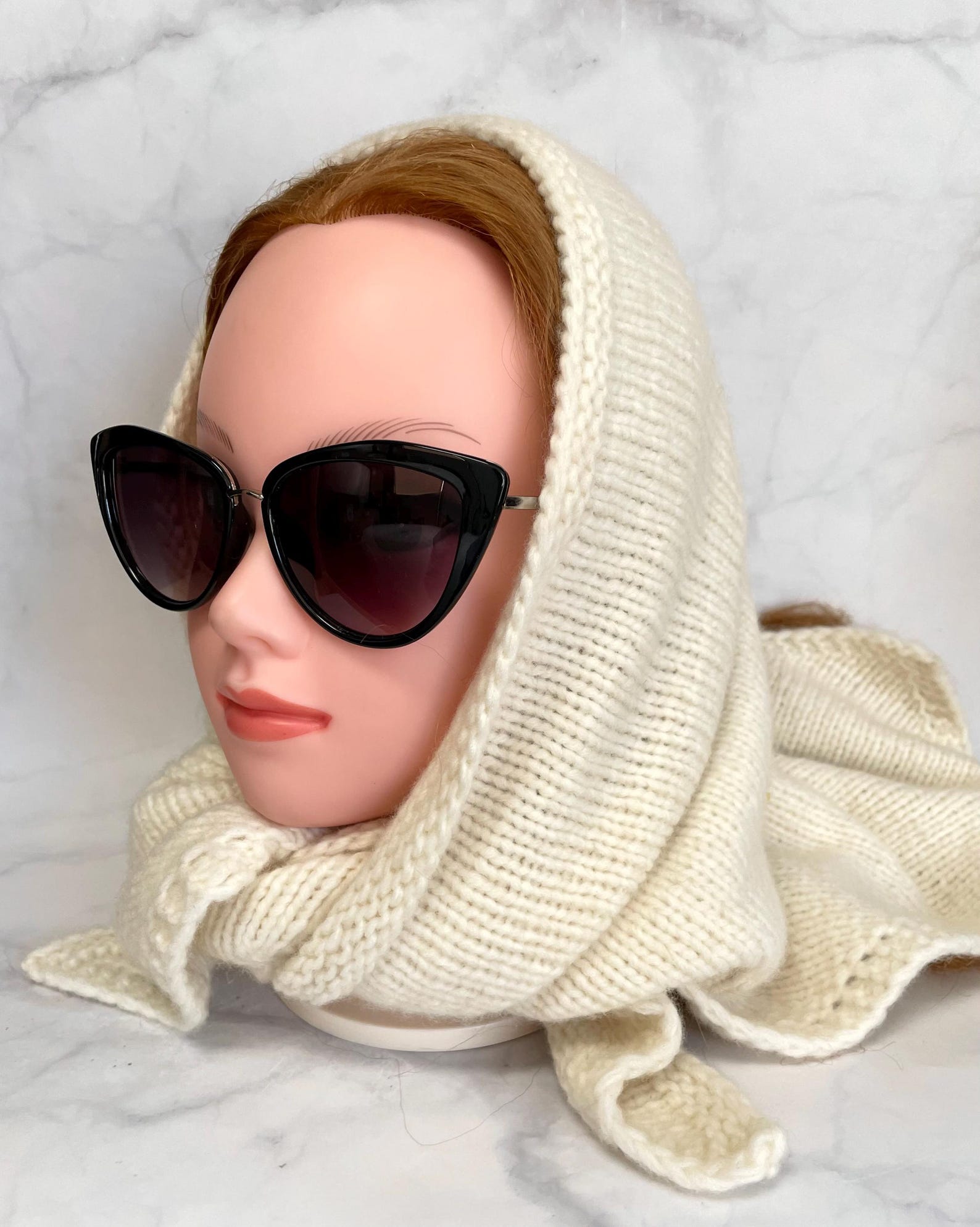 Ivory Alpaca Triangle Shawl, Winter Scarf With Hood, Hand Knit Snood ...