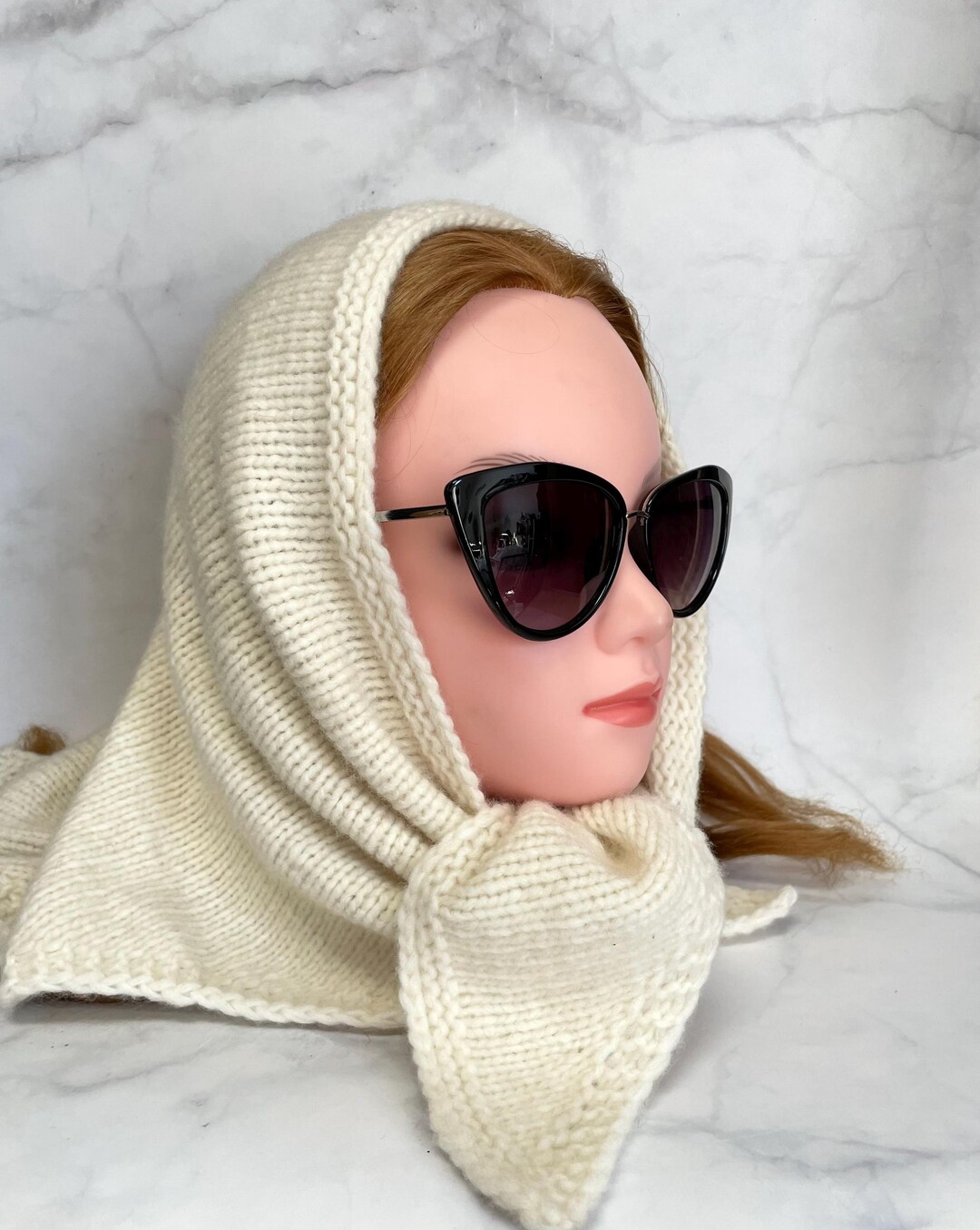 Ivory Alpaca Triangle Shawl, Winter Scarf With Hood, Hand Knit Snood ...