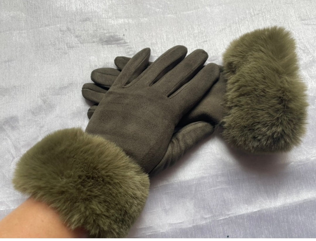 Gloves, Ladies Gloves, Dark Green Gloves, Smart Touch Gloves, Faux Fur ...