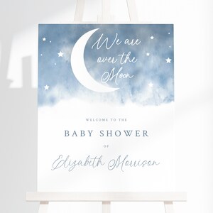 Editable Over the Moon Blue Baby Shower Welcome Sign, Blue Moon Stars ...